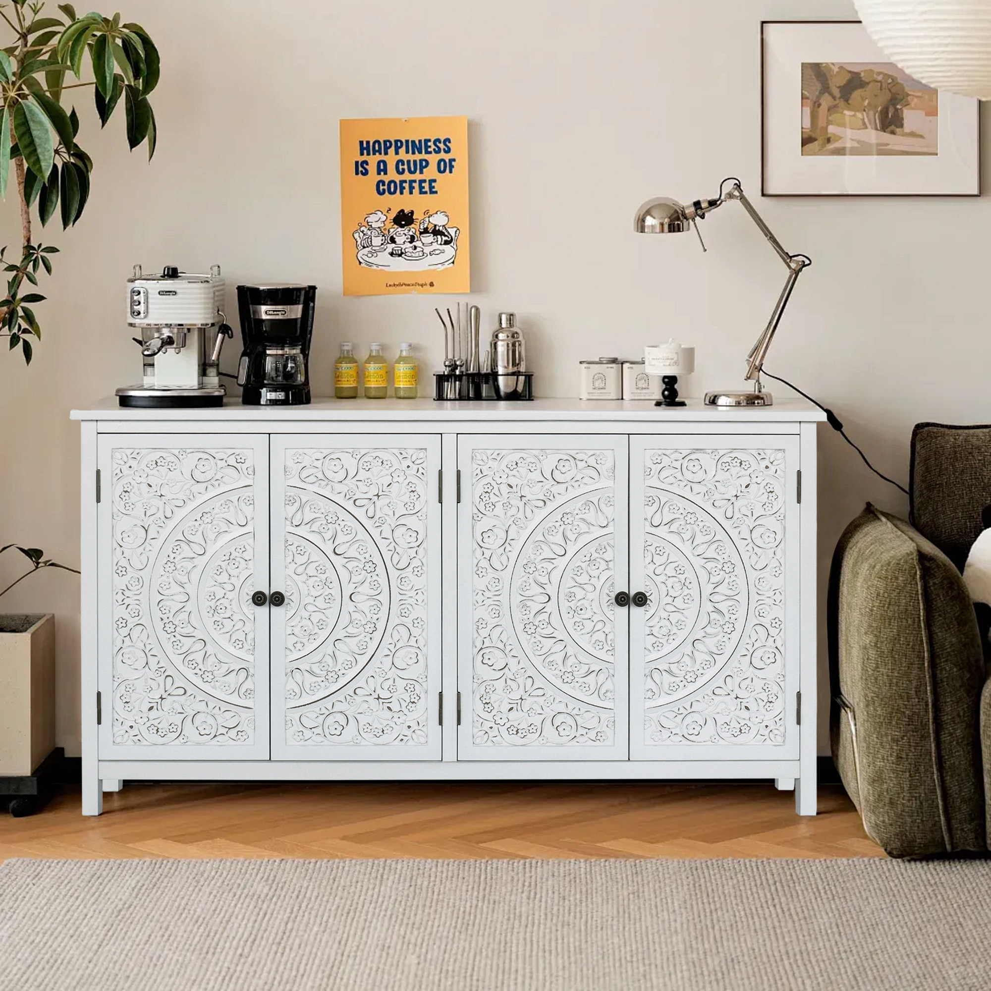One Allium Way® 60"White Accent Cabinet With 4 Doors, Rustic Wood Sideboard Pantry Cabinet ...